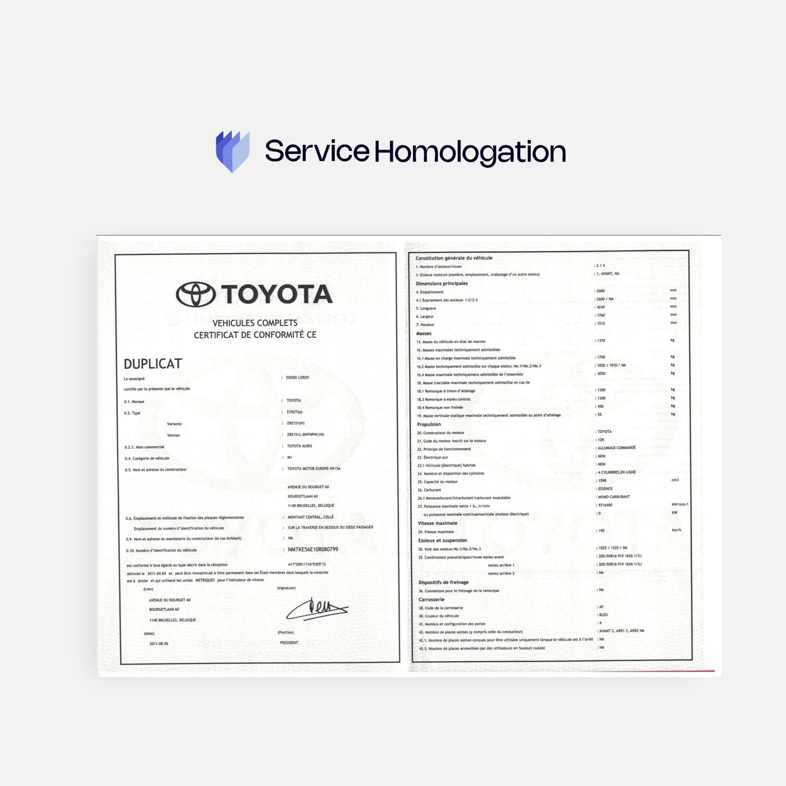 Certificat de conformité TOYOTA ｜COC TOYOTA France｜Dès 90€